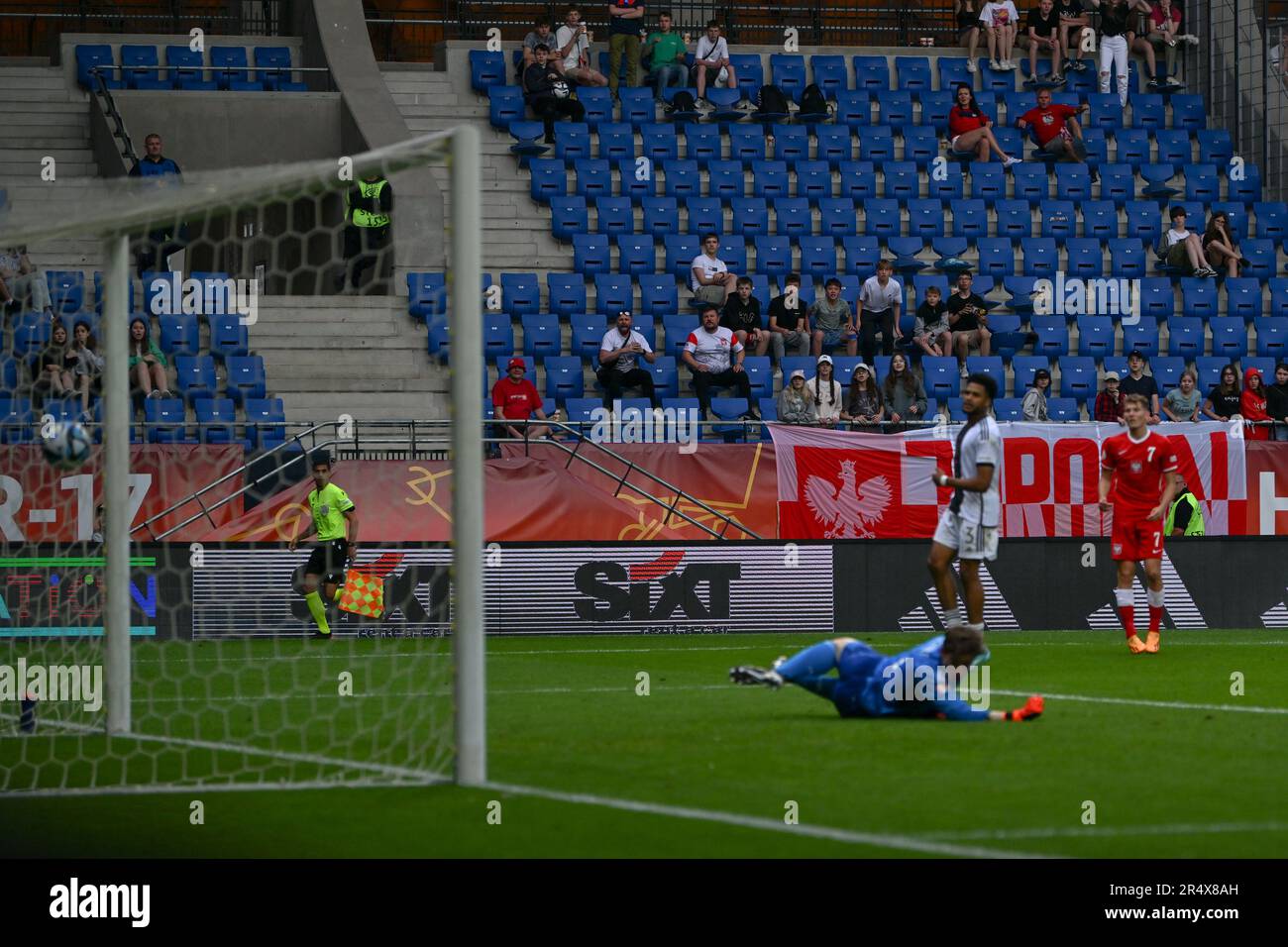 Felcsut, Hungary. 30th May, 2023. Poland U17's Filip Wolski scored 3rd ...
