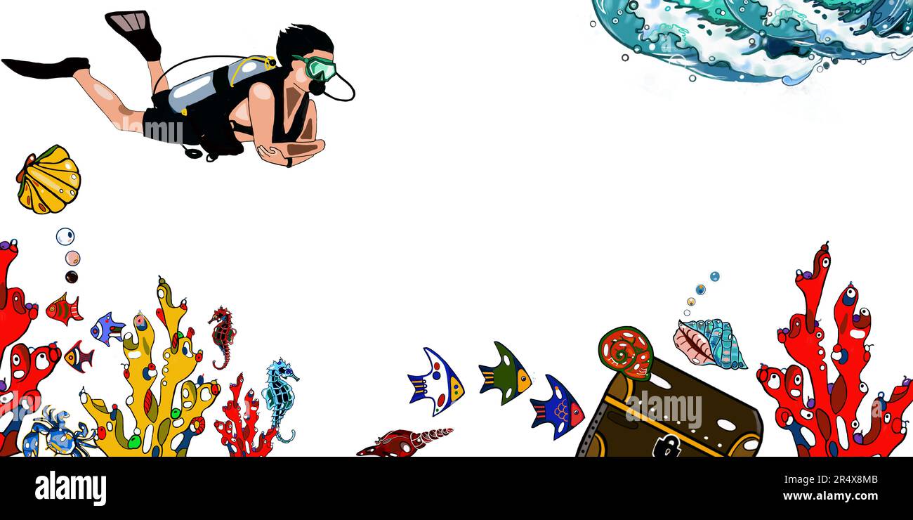 diver at depth among corals and fish on a white background ...