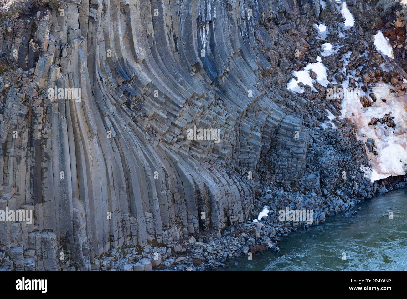 Close-up of the basalt columns of Stuðlagil Canyon in North Iceland ...