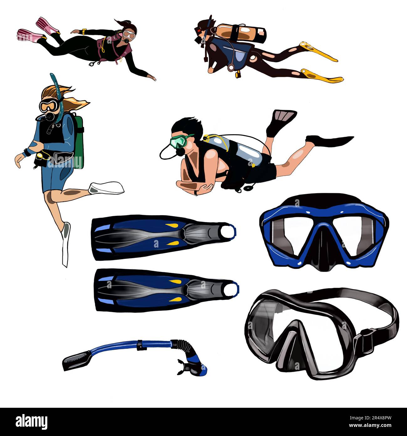 set, scuba diver in fins, isolate on a white background, llustrations ...