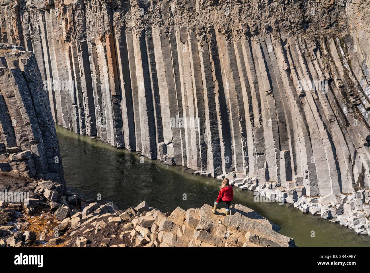 Woman standing on the edge of a rocky cliff looking at the basalt ...