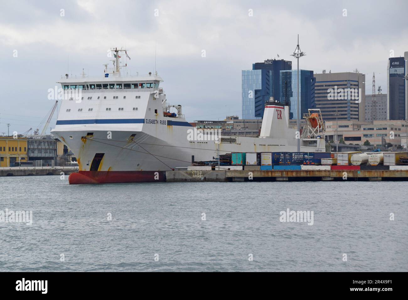 The RoRo ferry Elisabeth Russ docked in the harbour of Genoa port ...