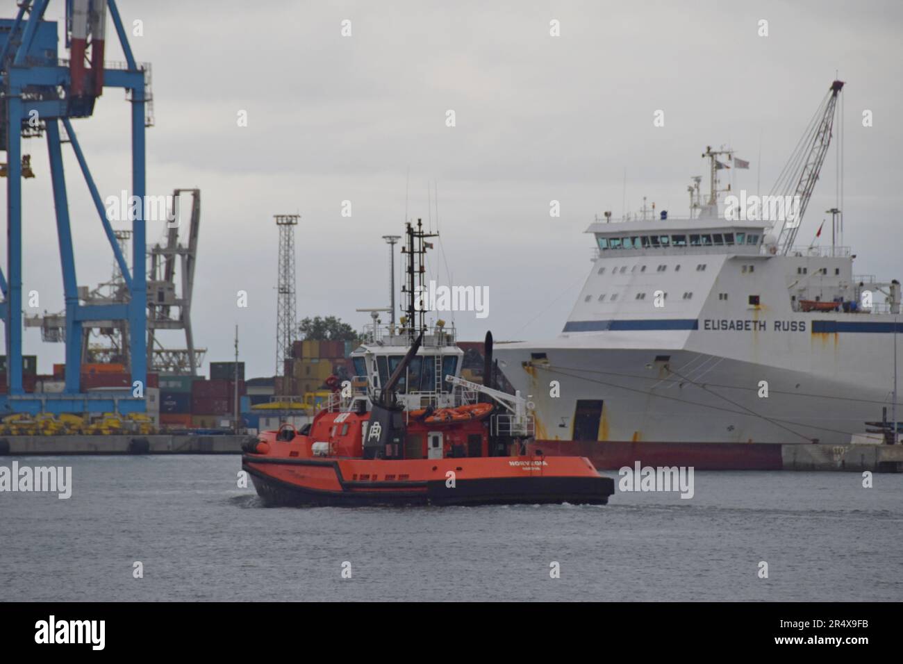 The harbour tug Norvegia passing the RoRo ferry Elisabeth Russ in the ...