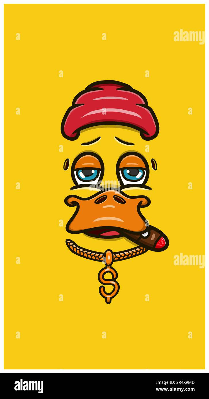Cute Cartoon Yellow Duck Face With Relax Expression. Vector Poster ...