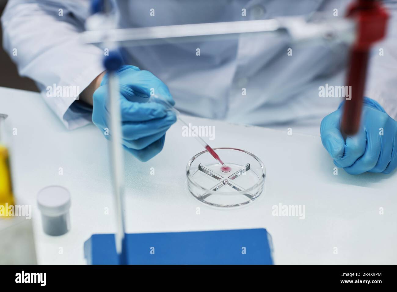 Closeup of scientist putting test material in petri dish using dropper ...