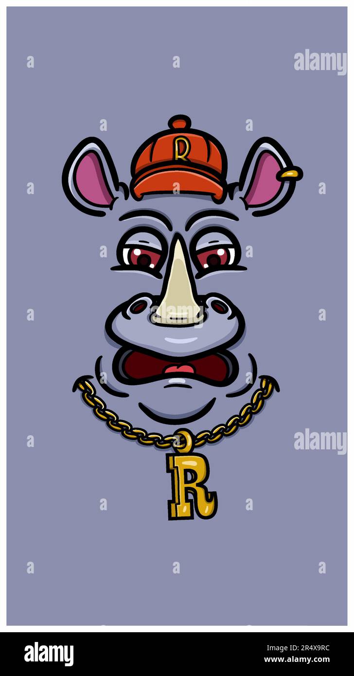 Cute Rhino Rapper Face With Rapper Hat. Vector Poster Wallpaper ...