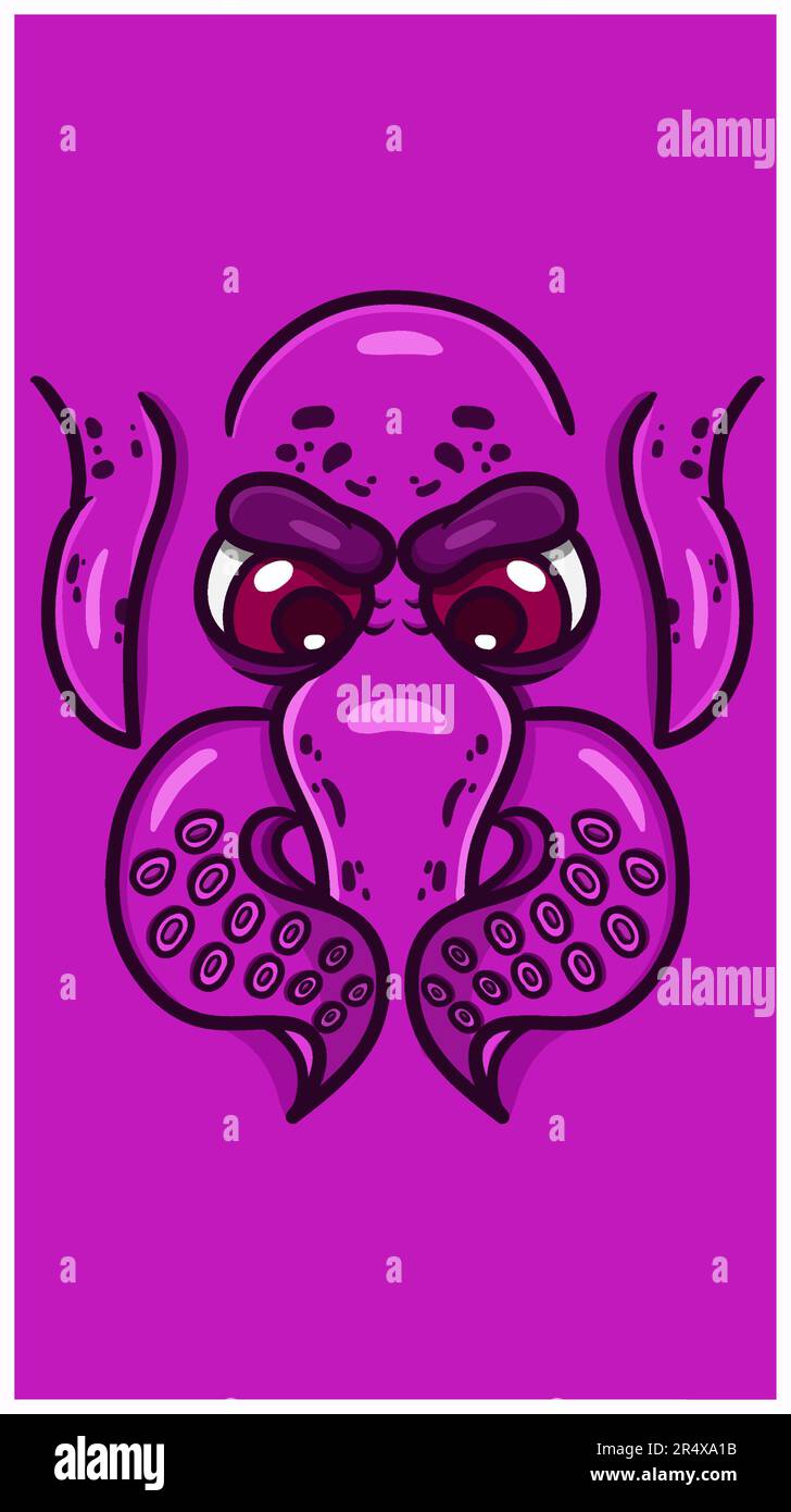 Cute Cartoon Purple Octopus Face With Angry Expression. Vector Poster ...