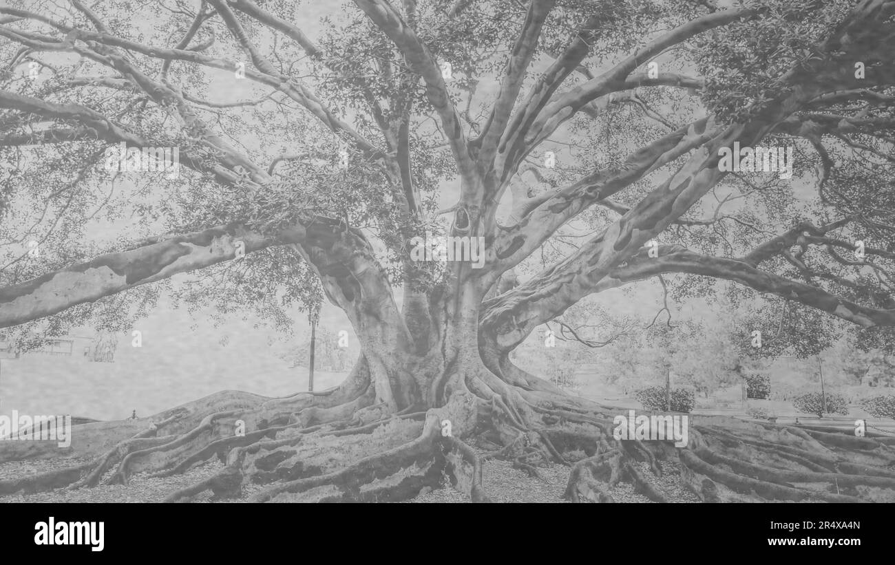 Large old and historic Fig tree with sprawling branches for graphic ...