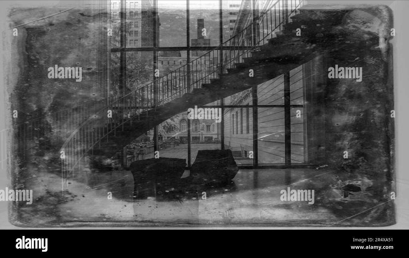 winding staircase steps with city skyline in the windows for graphic ...