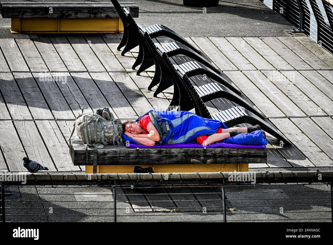 Man sleeping rough, on bench Stock Photo - Alamy