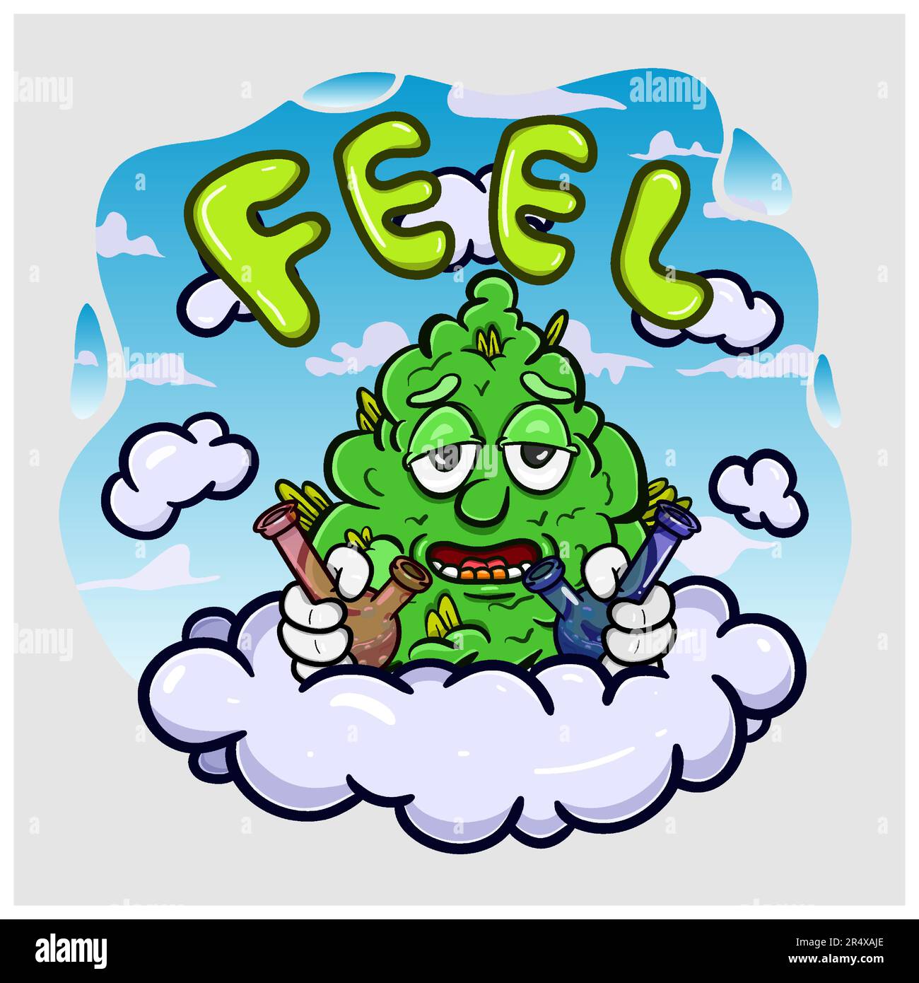 Cartoon Mascot Of Weed Bud With Glass Bong On Clouds. Vector And ...