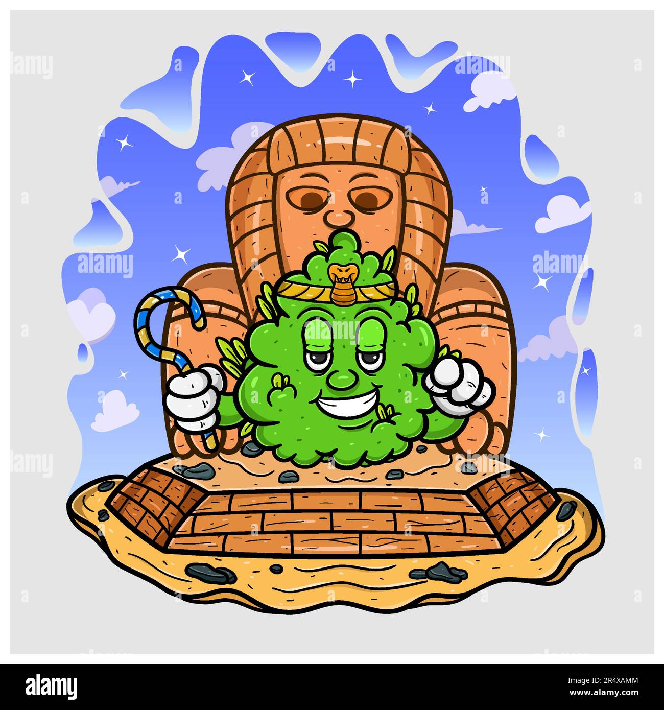 Cartoon Mascot Of Weed Bud With King Of Egypt In Pyramid. Vector And ...