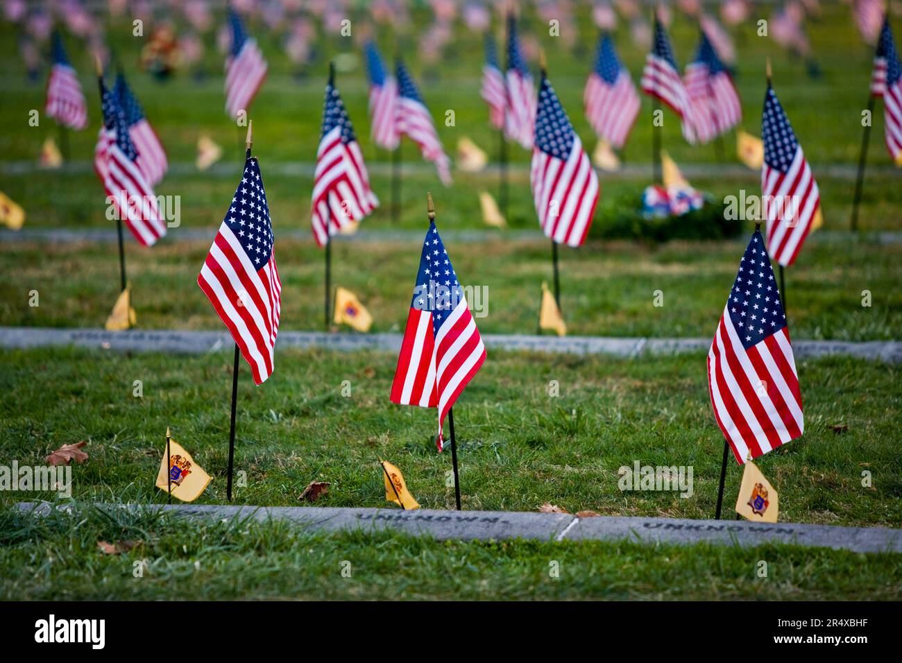 American flags planted at the National Cemetery in Gettysburg ...