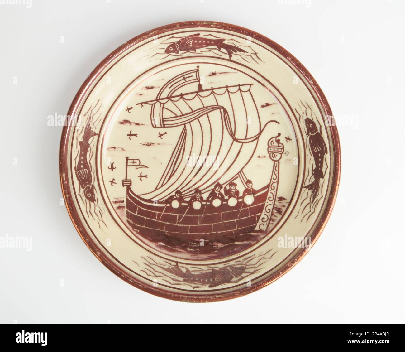 Original 1890-1900s Arts and Crafts galleon copper lustre pottery plate ...