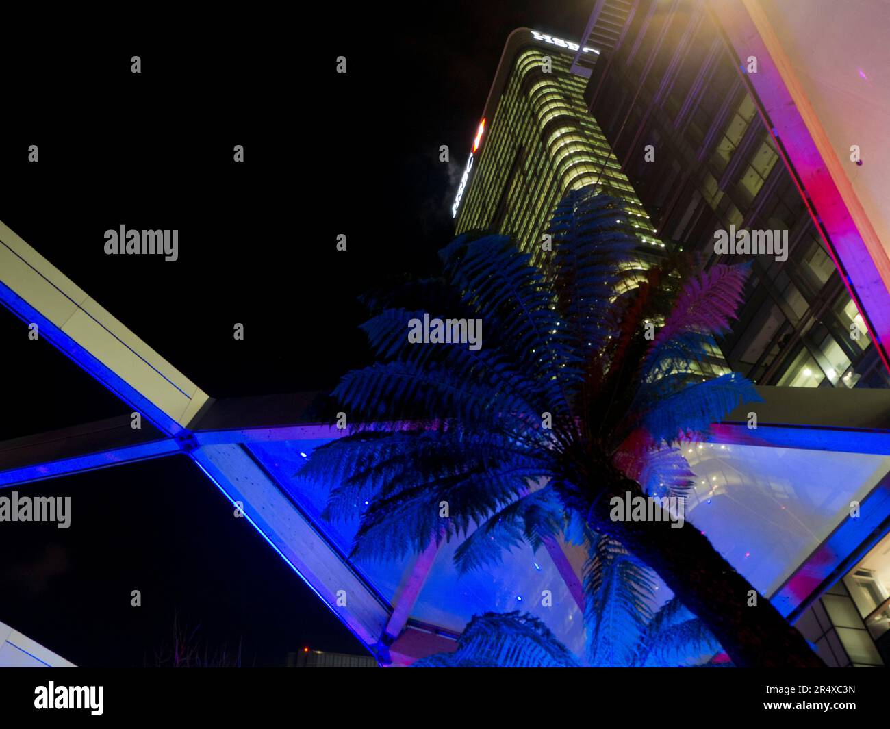 Illuminated palm tree with multi coloured lights, steel structure and ...
