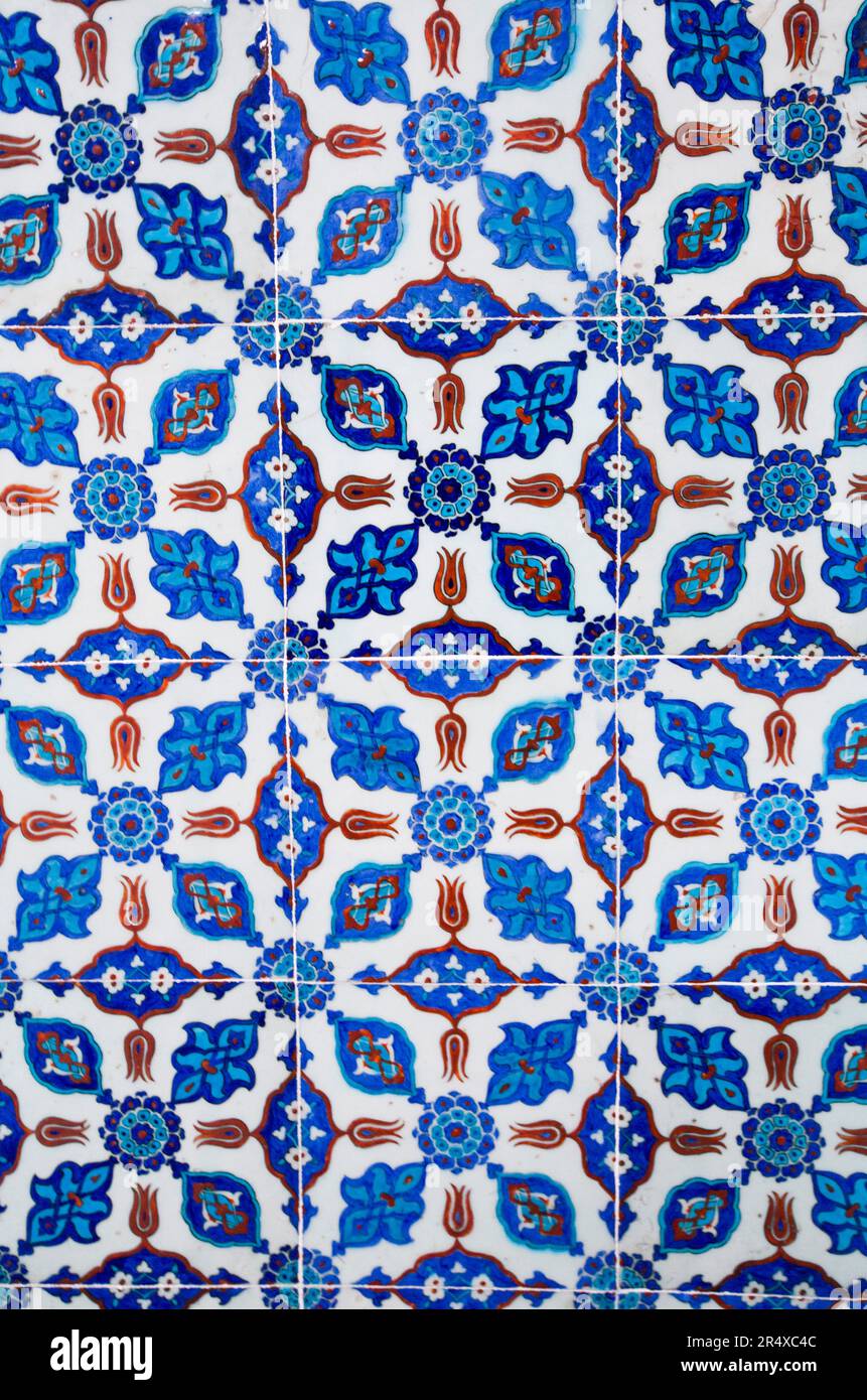 Close-up detail of the colourful design on decorative tiles at Rustem ...