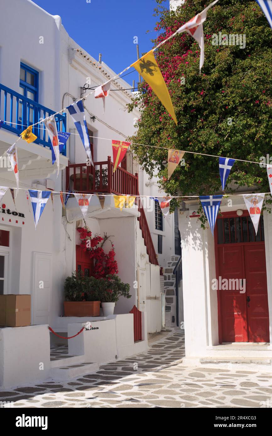 Beautiful town of Chora on the Greek Island of Mykonos, with white ...