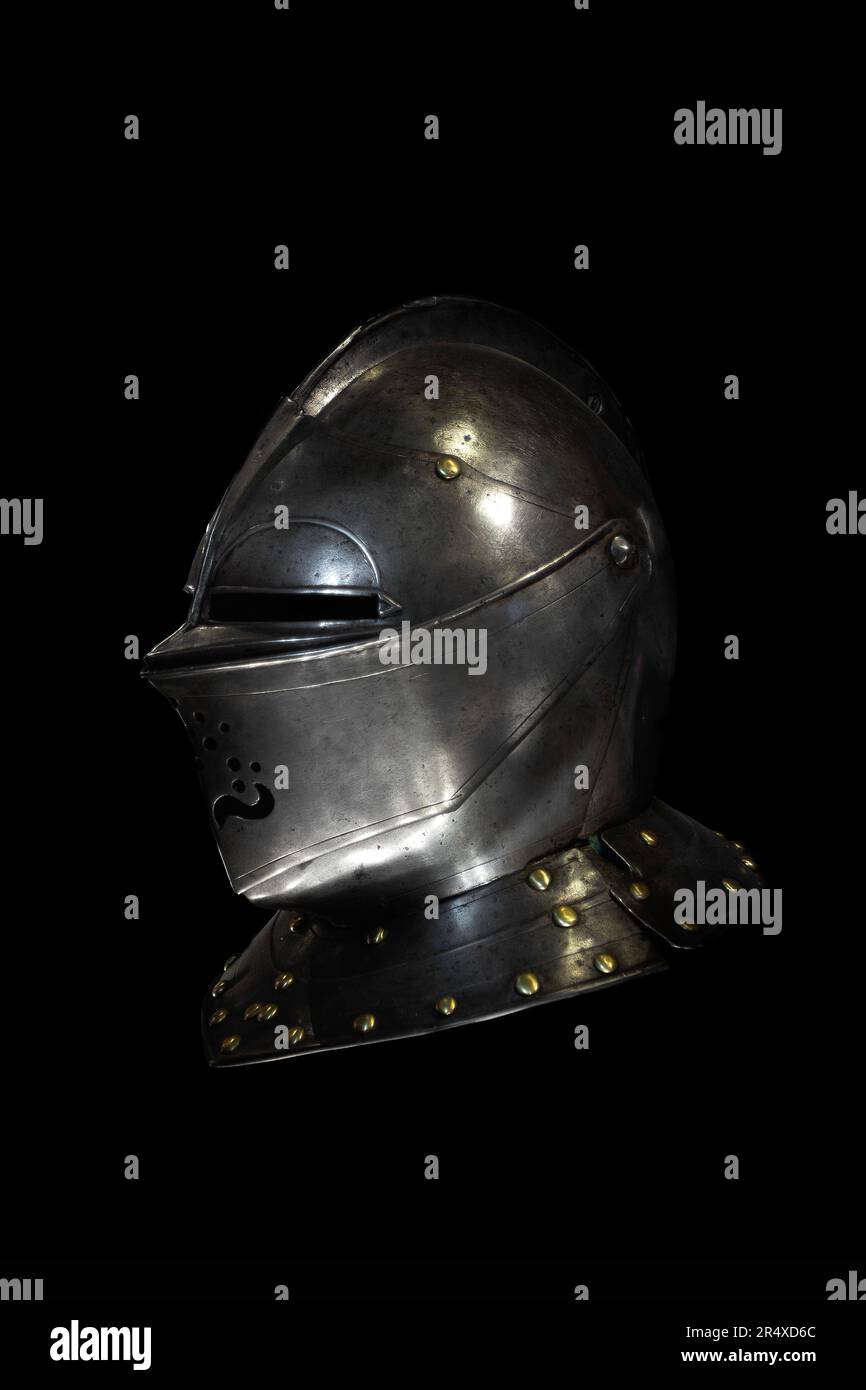 Medieval helmet on a black background, Muiden Castle; Muiden ...