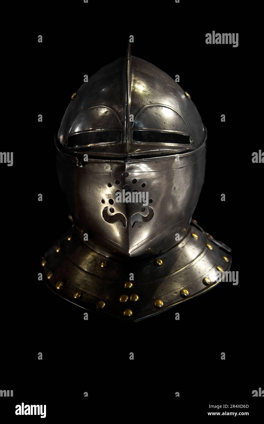 Medieval helmet on a black background, Muiden Castle; Muiden ...