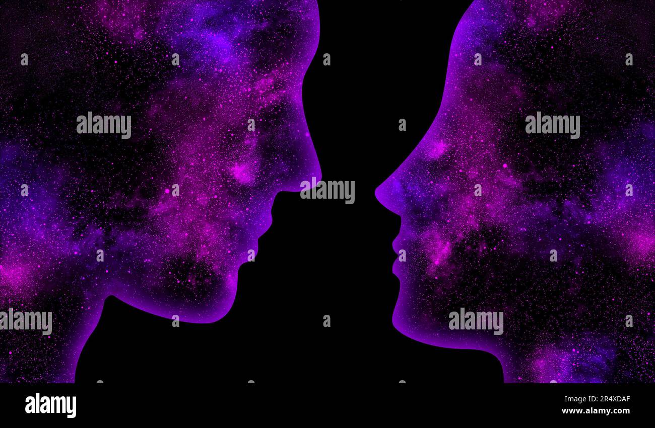 Purple space man and woman look at each other on a black background ...