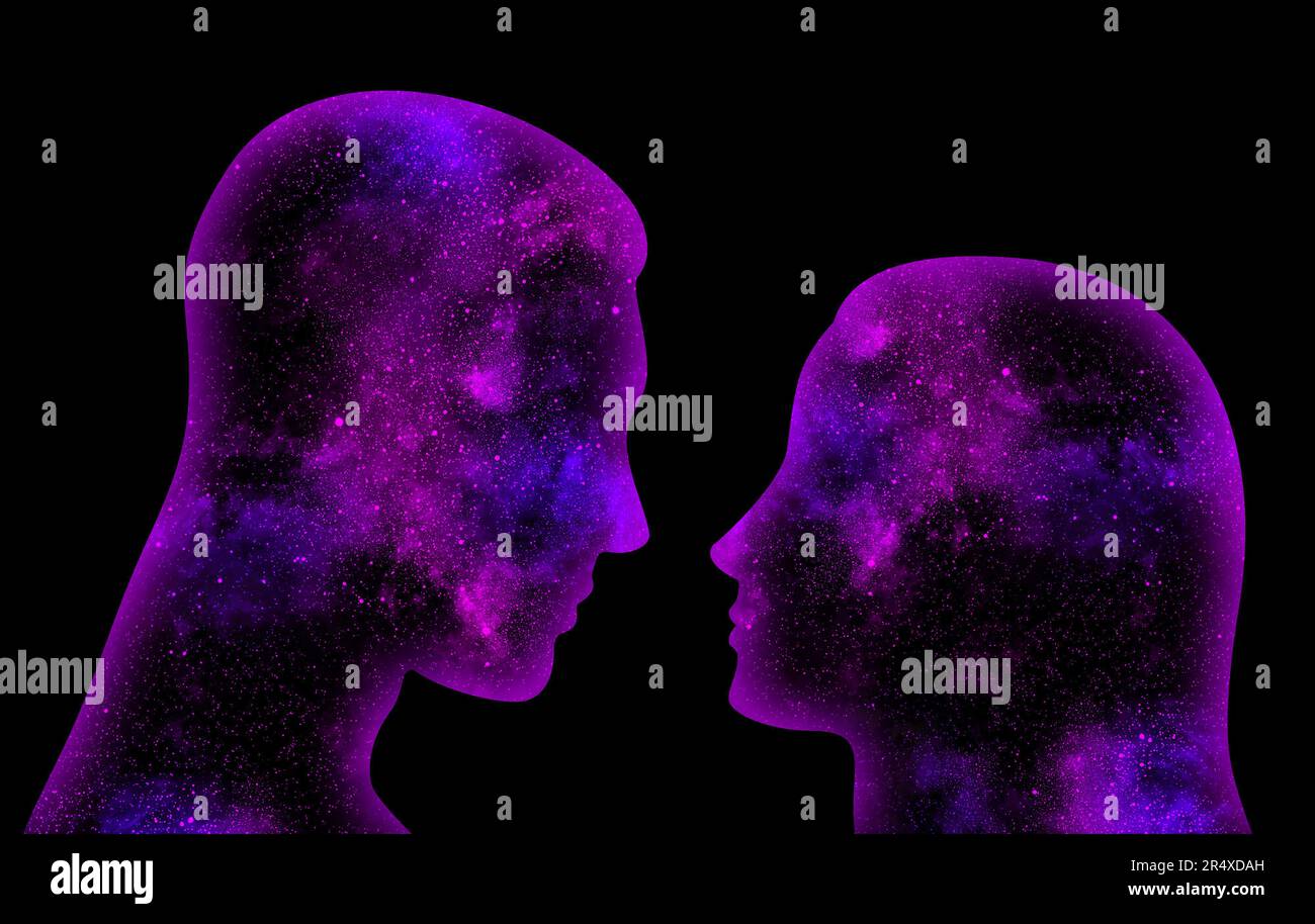 Purple space couple look at each other on a black background Stock ...