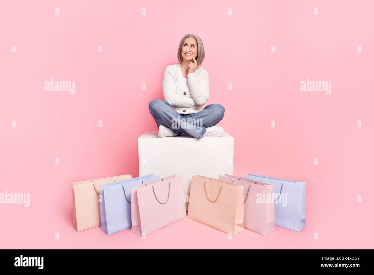 Full body photo of gorgeous mature grandma shopping look minded empty ...