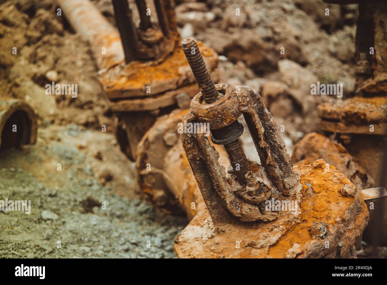 Water pipe replacement. Fragment of old rusty water pipes. Destroyed ...
