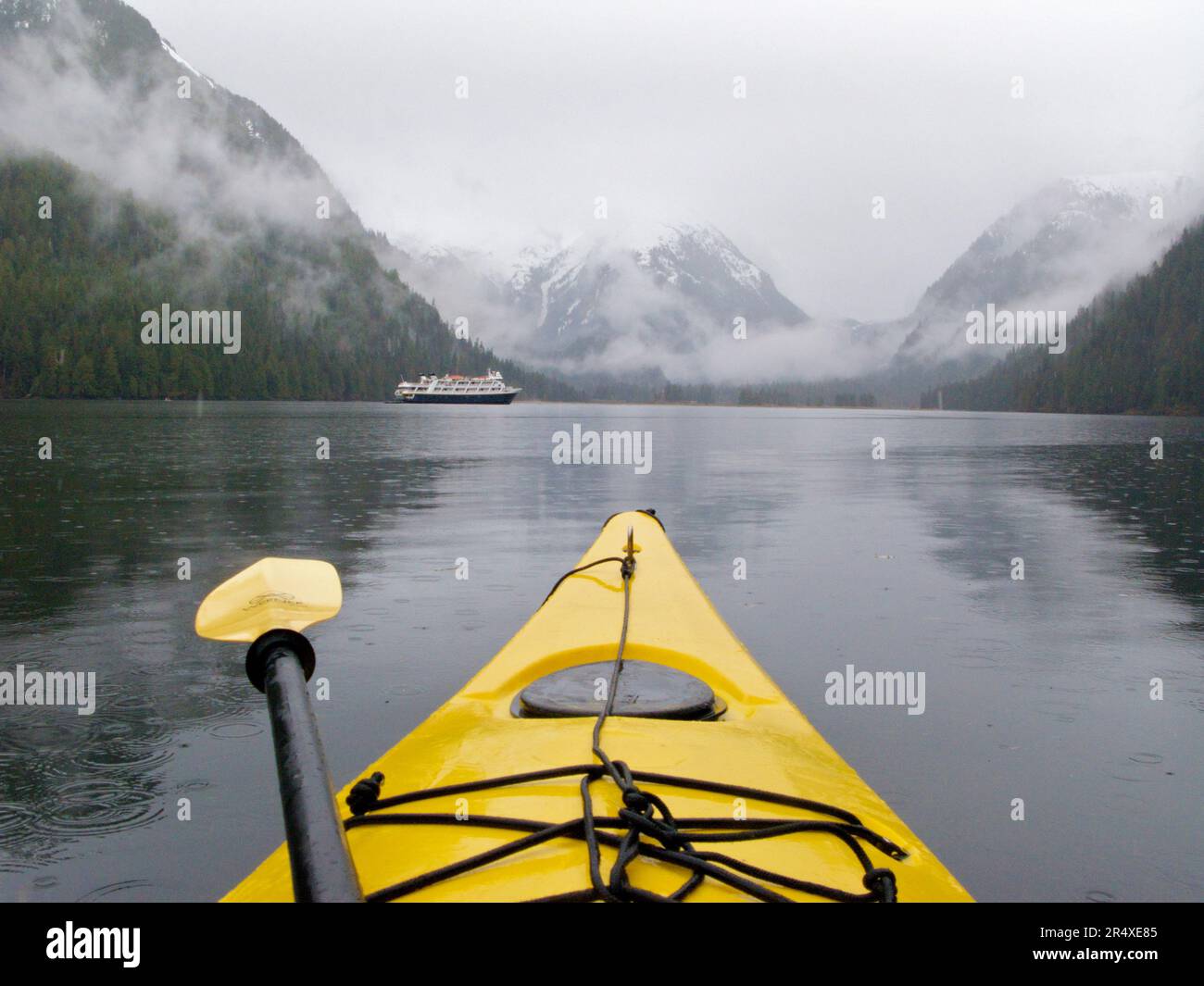 Kayaking in Khutze Inlet near a cruise ship in Khutze Inlet, BC, Canada ...