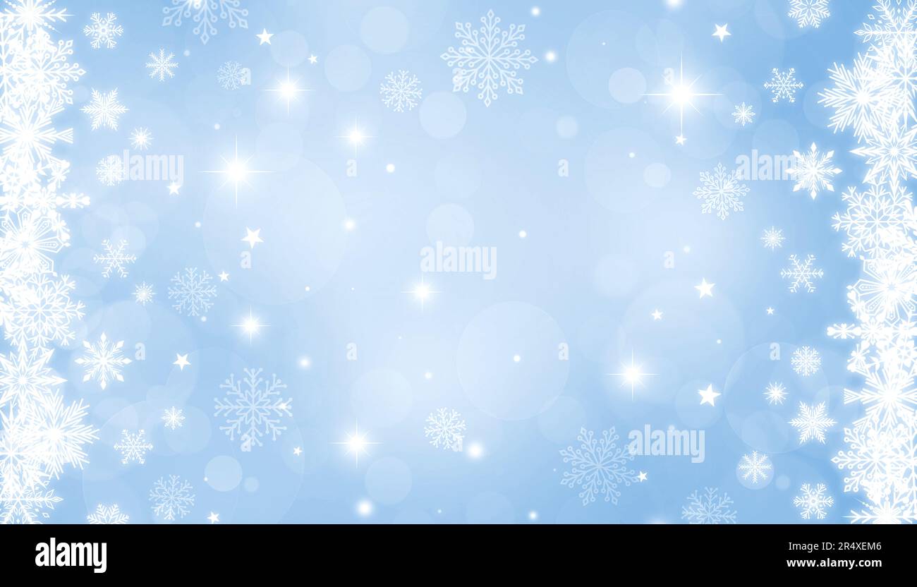 Shiny white frame with snowflakes on a light blue bokeh background with ...