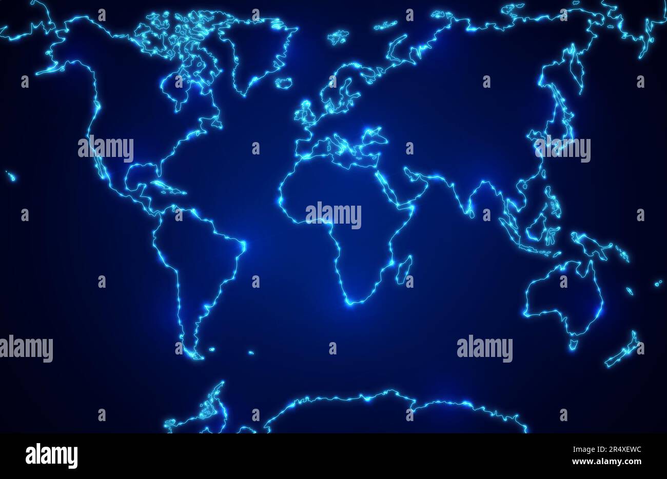 World map with shining contours of continents on a deep blue background ...