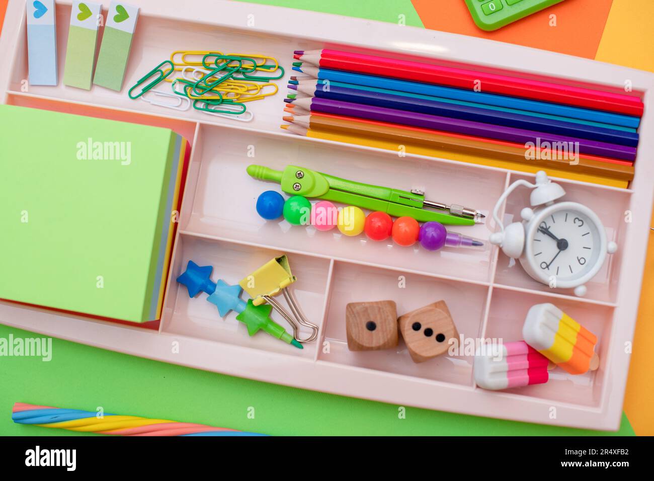 Stylish colored stationery. Workplace. Organization of a drawer at the ...