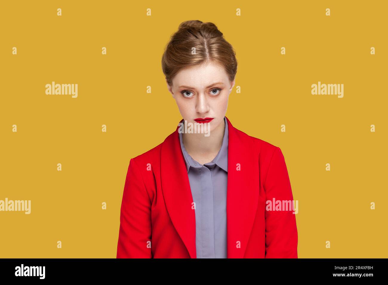 Portrait of unamused sad miserable woman with red lips sulks troubled ...