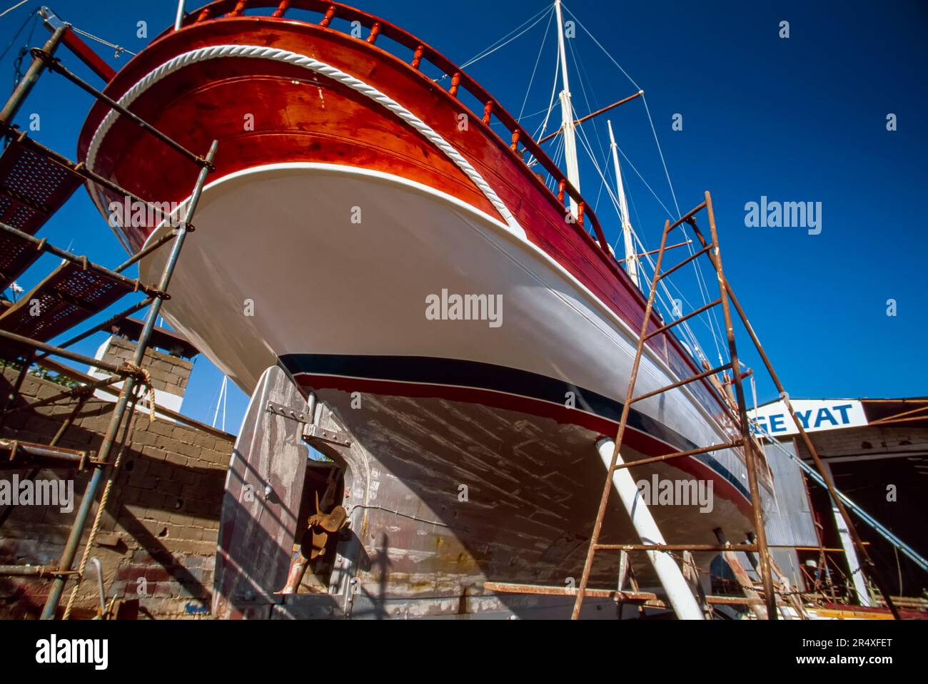 Wooden Turkish fishing boat in drydock; Bodrum, Republic of Turkiye ...