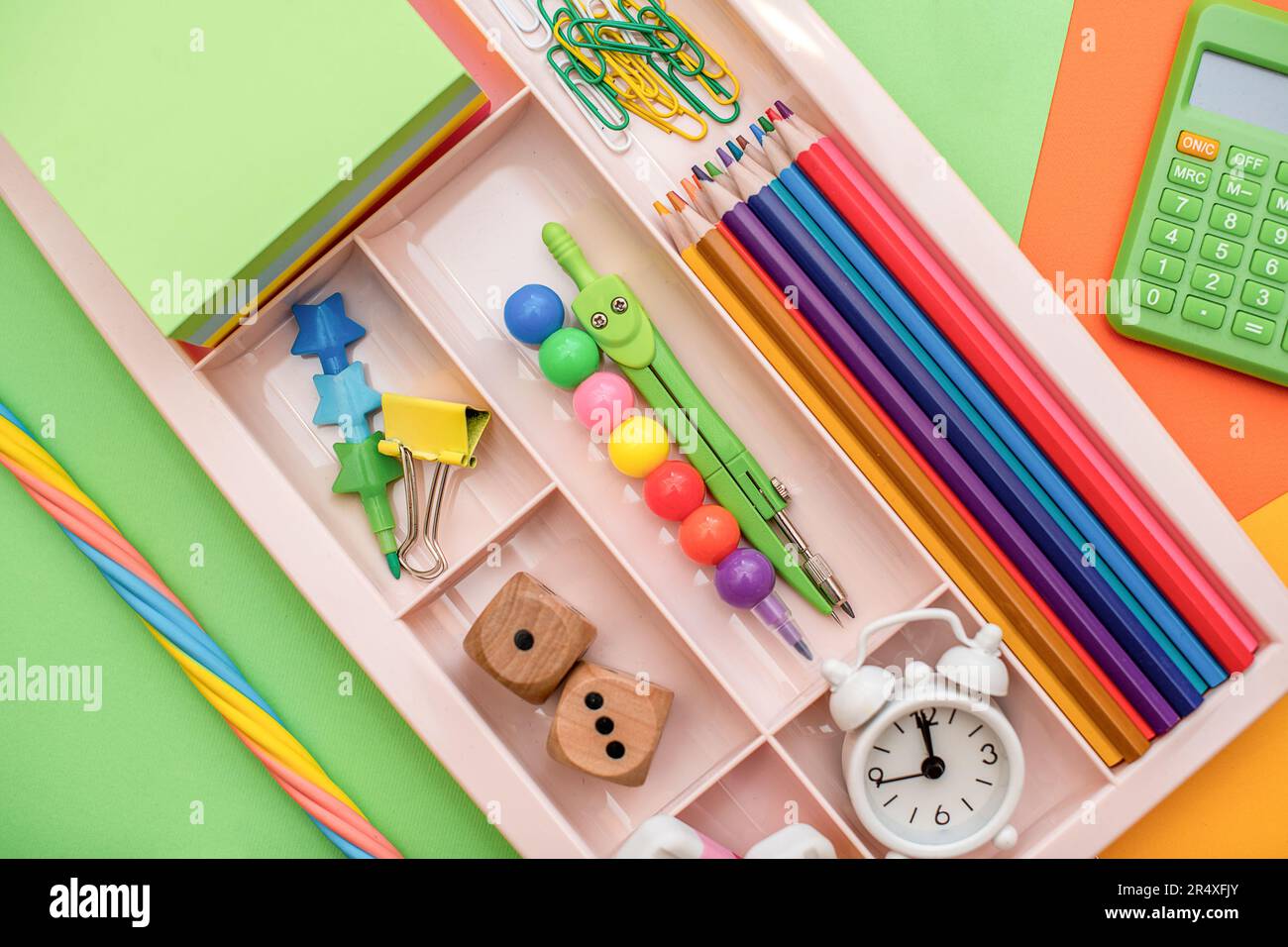 Stylish colored stationery. Workplace. Organization of a drawer at the ...