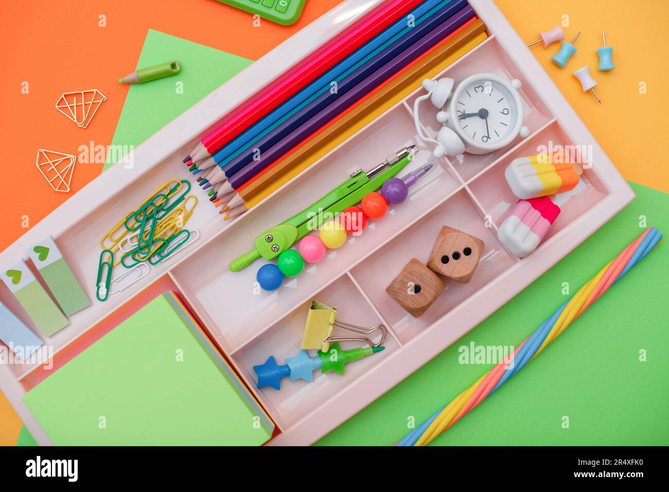 Stylish colored stationery. Workplace. Organization of a drawer at the ...