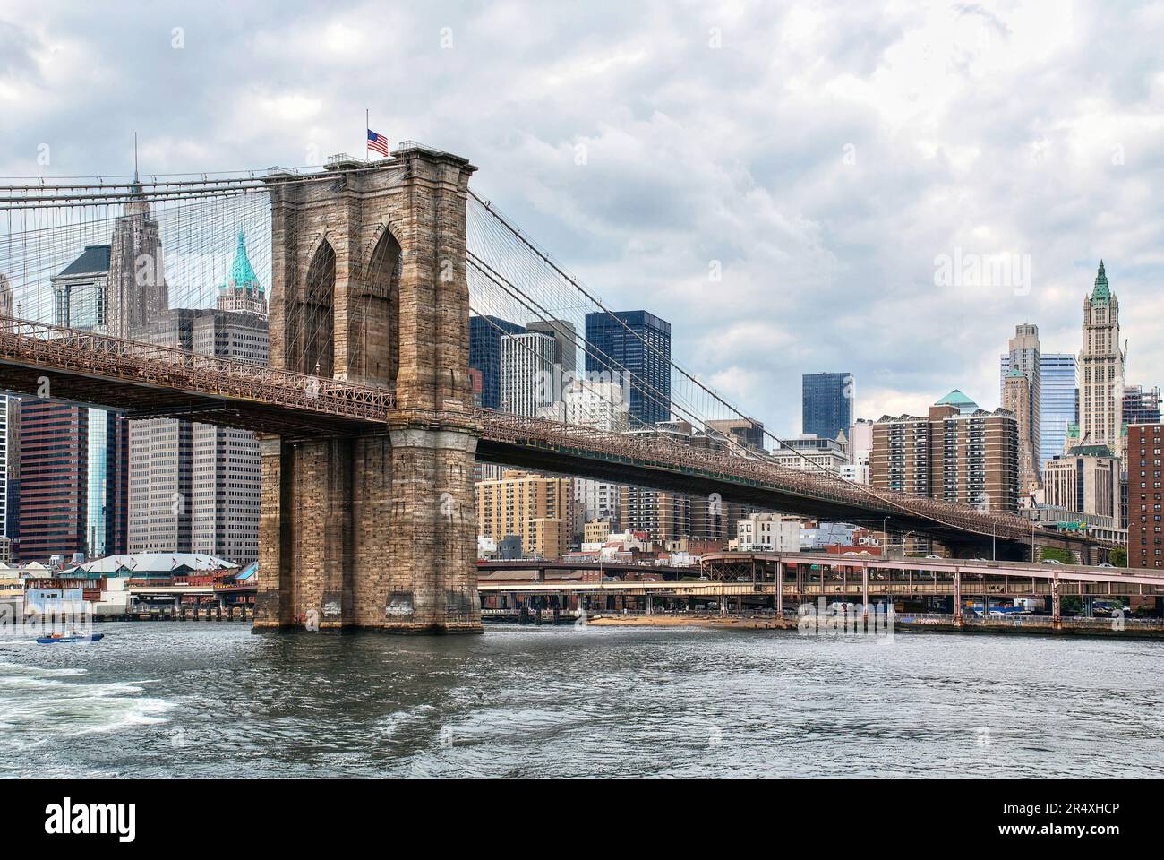 View of the Brooklyn Bridge to Manhattan from the East River Stock ...