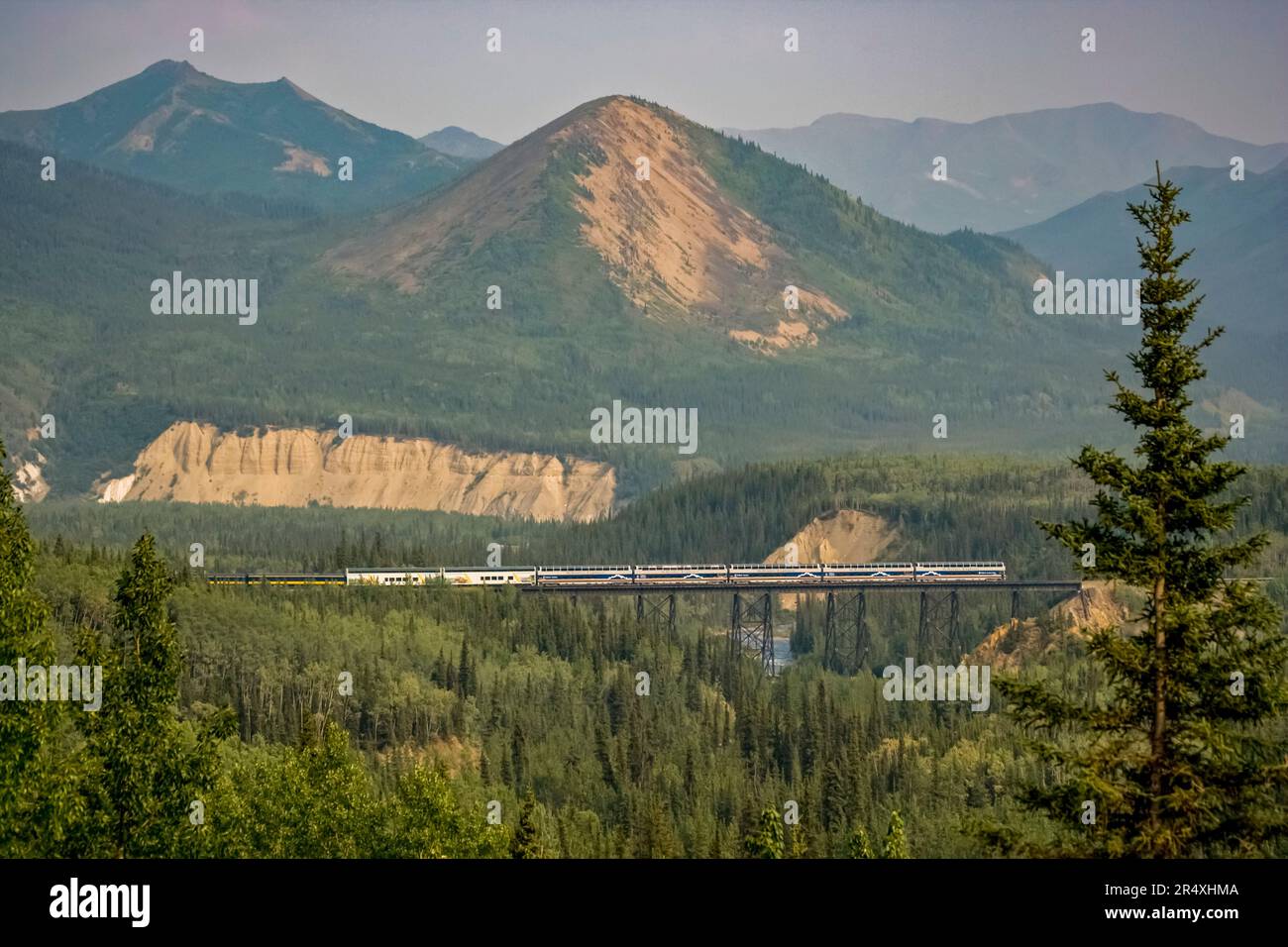 Alaska railroad on a tall trestle bridge in Denali National Park ...