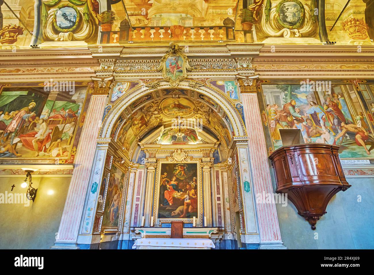 LUGANO, SWITZERLAND - MARCH 13, 2022: The ornate side frescoed side ...