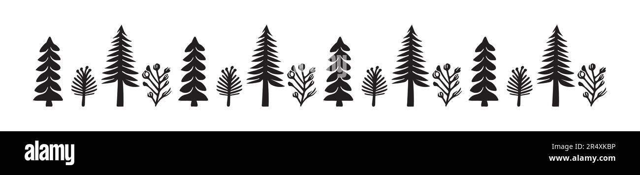 Whimsical border of vector fir trees for woodland scandi decor. Pine ...