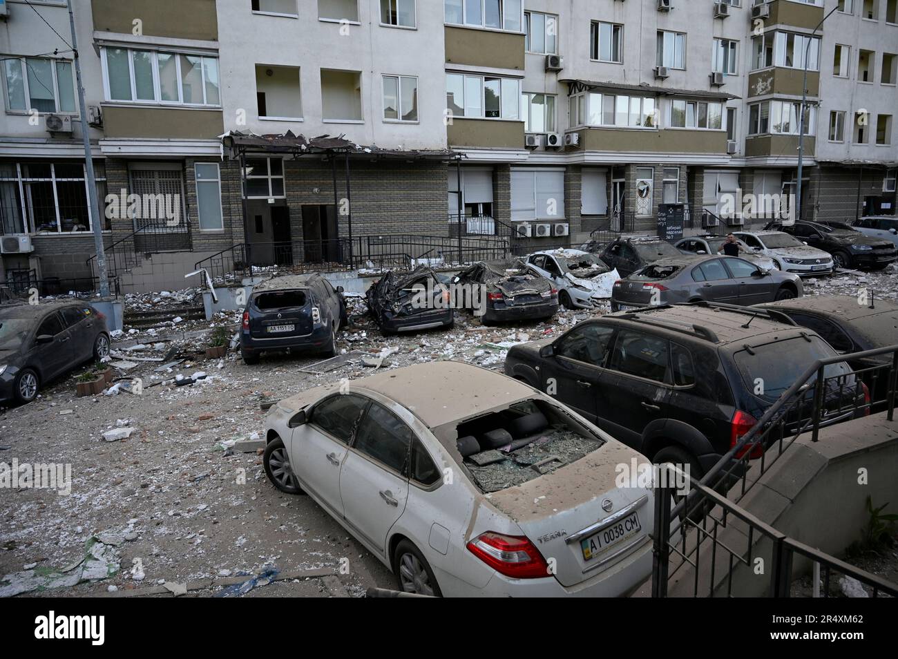 Kyiv, Ukraine. 30th May, 2023. Cars damaged by fragments of a downed ...