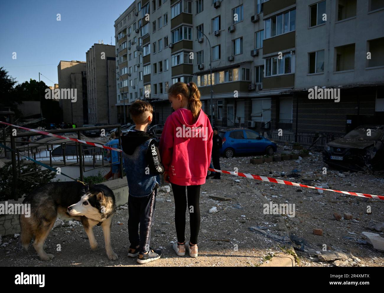 Kyiv, Ukraine. 30th May, 2023. Children look at their multi-storey ...