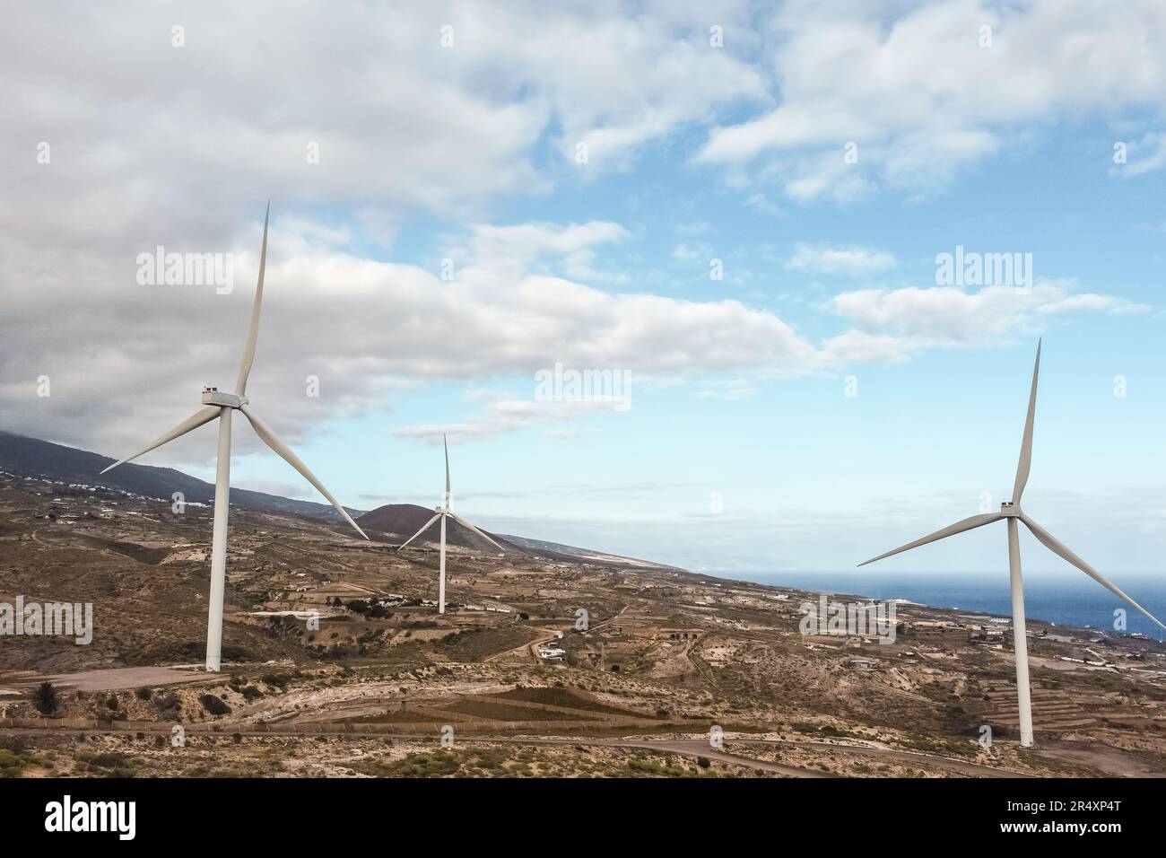 windmills farm, renewable energy wind power generators turbines, aerial ...