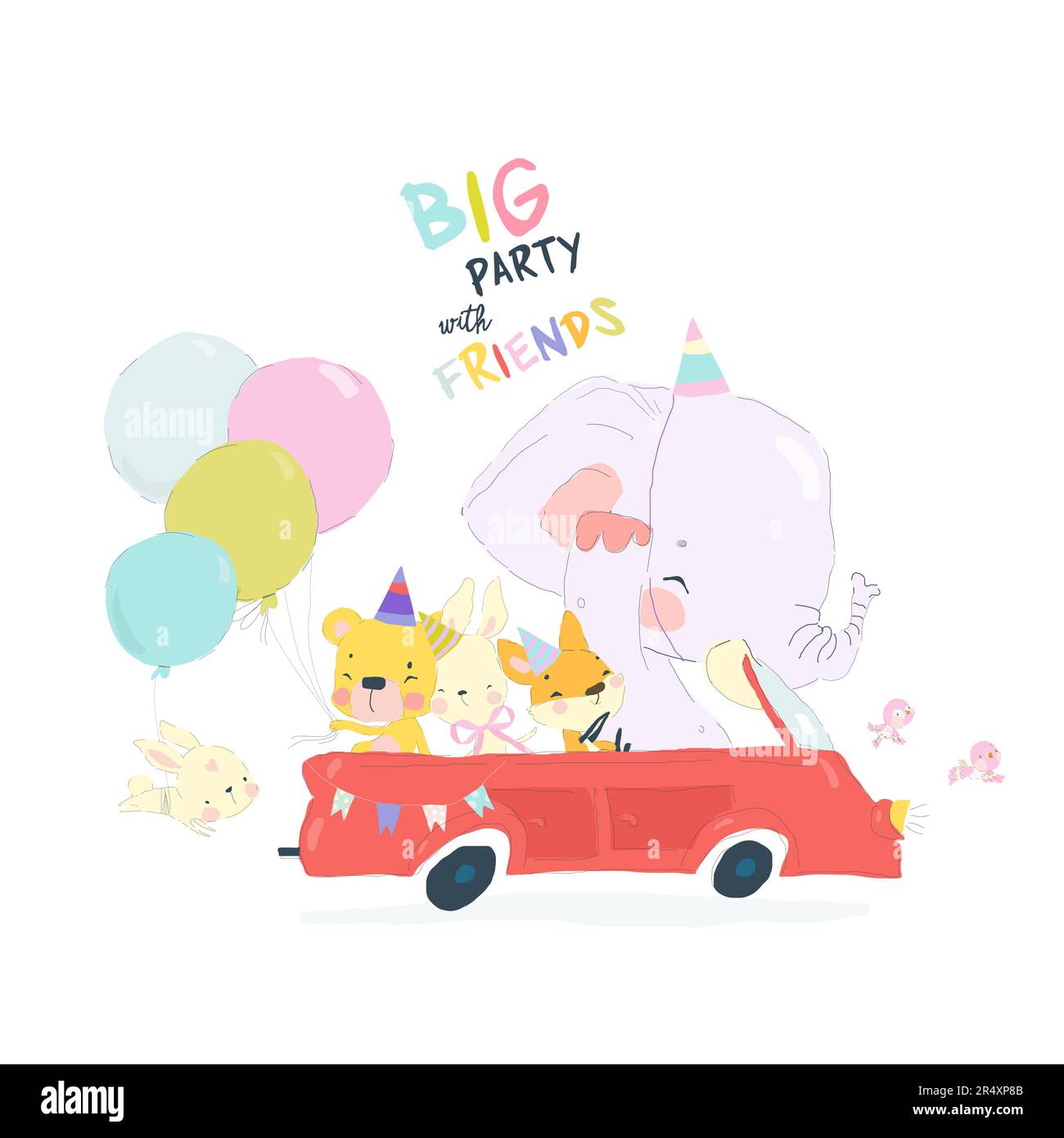 Birthday Party Greeting Card Design. Fox, Elephant, Lion and Rabbit ...