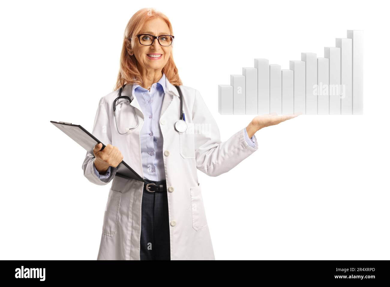 Female doctor smiling and holding a bar chart on hand isolated on white ...