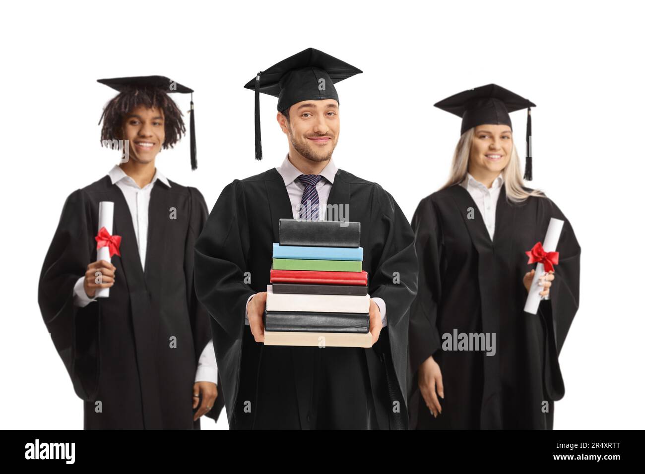 Happy graduate students holding certificates and books isolated on ...
