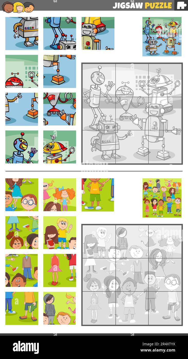Cartoon illustration of educational jigsaw puzzle activities set with ...