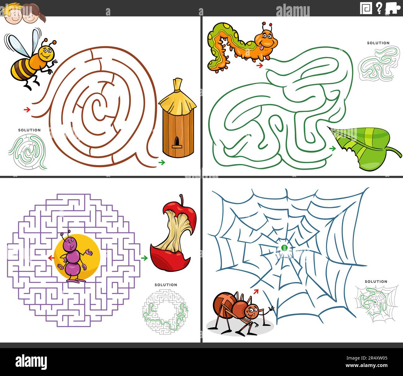 Cartoon illustration of educational maze puzzle games set with insect ...