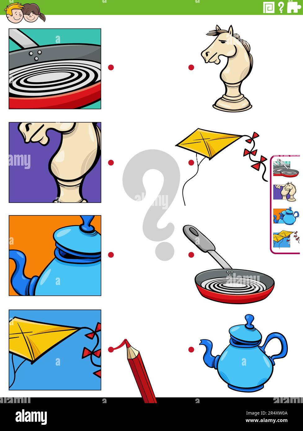 Cartoon illustration of educational matching activity with objects and ...