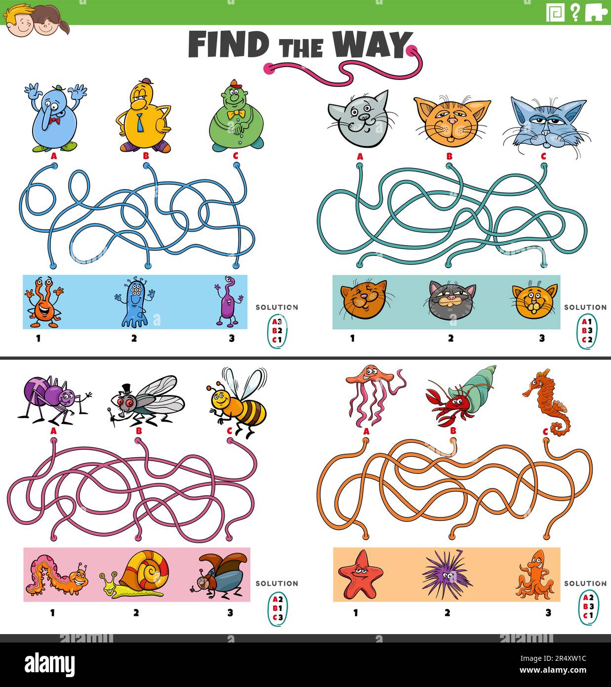 Cartoon illustration of find the way maze puzzle games set with funny ...