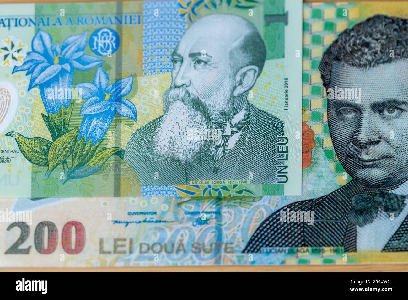 Romania Money 1 And 200 Romanian Lei Banknotes Financial Concept